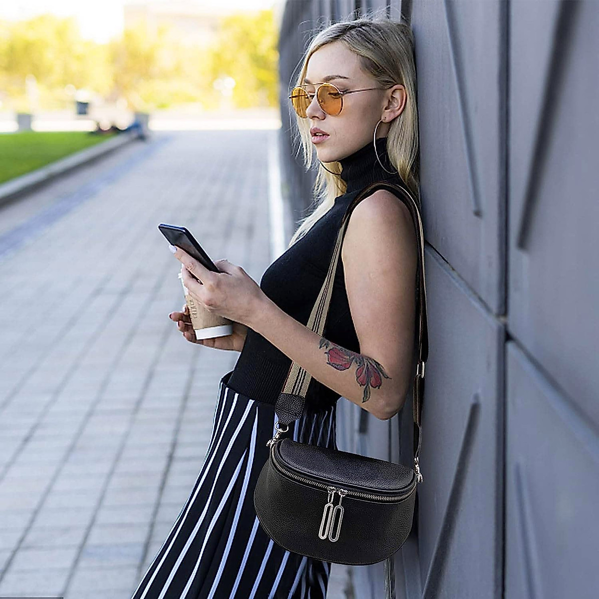 Fibrdoo Leather Crossbody Bag for Women, Elegant Shoulder Bag with Removable Strap Mobile Phone Purse, Leather Saddle Bag, Black