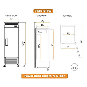 KITMA 28" Commercial Freezer, Single Door Stainless Steel Reach-in Freezer with 3 Adjustable Shelves for Restaurants, 23 Cu. Ft (-8°F – 0°F)
