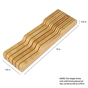 Bamboo Kitchen Knife Block Holder Organizer - Holds 5 Long + 6 Short Knives (Not Included), Fits Most Knife Sizes, Rubber Feet, Sustainable Bamboo, In-Drawer Design
