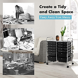 RELAX4LIFE Storage Cart W/12 Drawers Rolling Wheels Semi-Transparent Multipurpose Mobile Rolling Utility Cart for School, Office, Home, Beauty Salon Files Arrangement Storage Organizer Cart (Black)