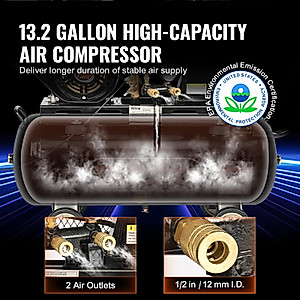 VEVOR 7HP Gas Powered Air Compressor, 13.2 Gallon Horizontal Air Compressor Tank, 9CFM@115PSI Gas Driven Piston Pump Air Compressed System with 115PSI Max Pressure for Construction Sites Workshop