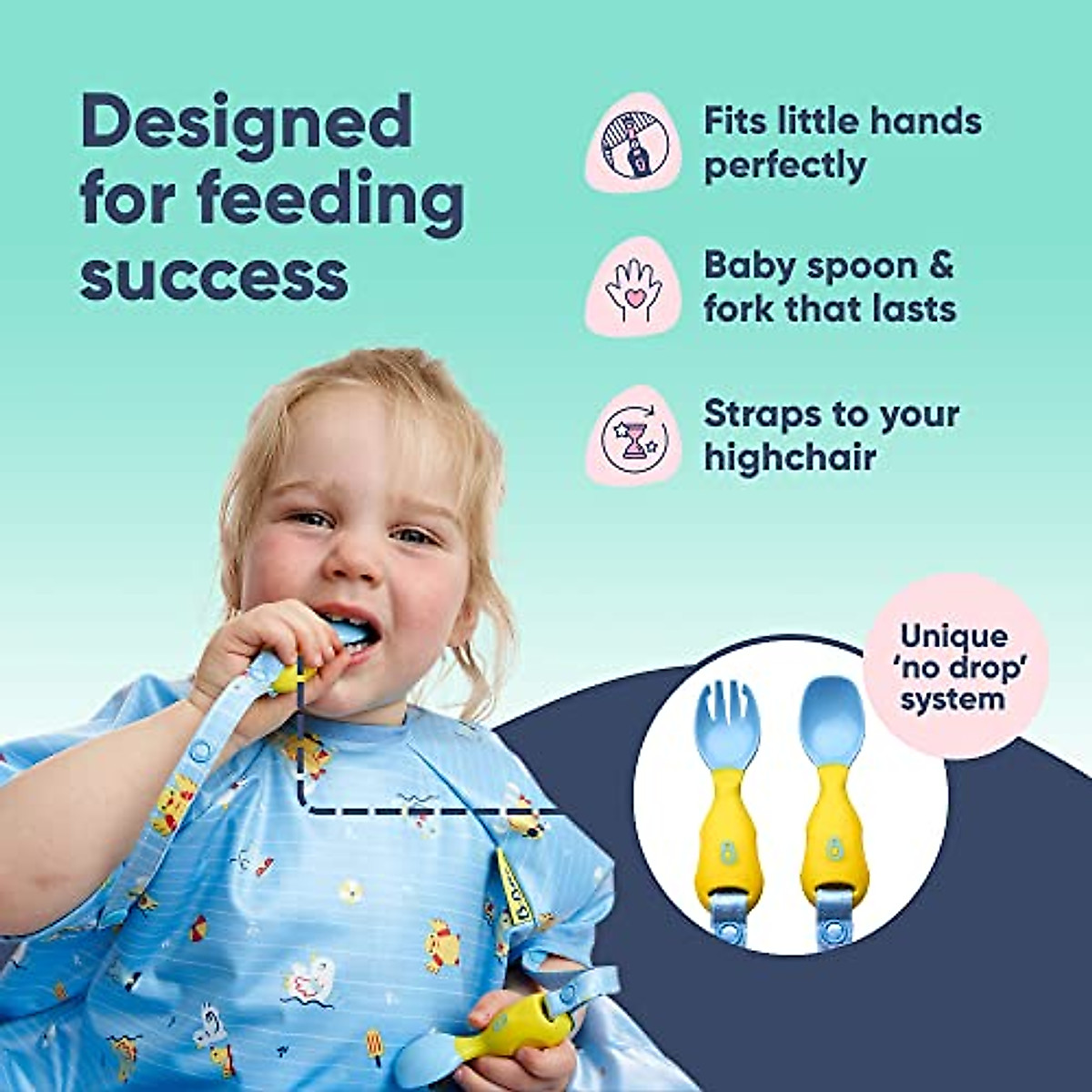 BIBaDO - Handi Toddler Cutlery, Food-Safe Toddler Utensils, Toddler Fork and Spoon Set, Toddler Eating Utensils for Babies 6 Months and Up, Attaches to Bibado Coverall Bib, Ducklings Pool Party