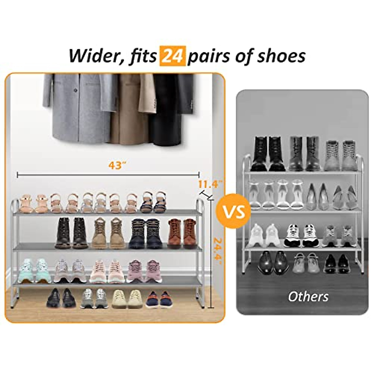 MISSLO Long 3 Tier Shoe Rack for Closet Shoe Organizer Storage Stackable Wide Shoe Shelf Holds 24 Pairs of Men Sneakers, Women Heels, Boots, Grey