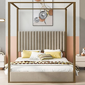 XD Designs Modern 4-Poster Canopy Platform Bed Queen Size with Channel Upholstery Tufted Headboard, Gold Metal Canopied Design Platform Bed Frame with Strong Slats Support (Beige+U)