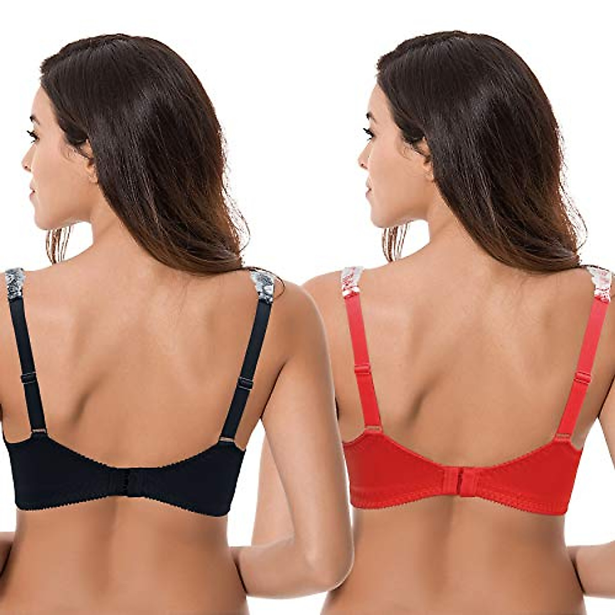 Curve Muse Women's Plus Size Minimizer Unlined Wireless Lace Full Coverage Bras-2Pack-Black,Red-44D