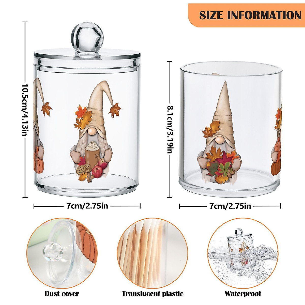 Gredecor 2 Pack Apothecary Jars with Lid Fall Gnome Maple Pumpkins Qtip Holder Dispenser Storage Containers Clear Plastic Cute Fall Autumn Thanksgiving Theme Canisters for Bathroom Vanity Organization