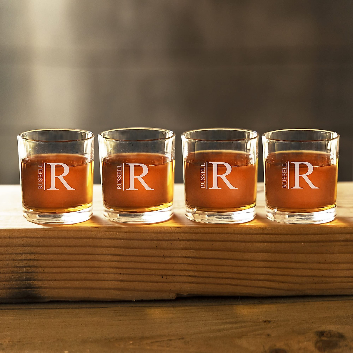 Set of 4 Monogrammed Lowball Glasses for Whiskey, Scotch, Tequila - Bar Glasses Sets for Home - Father’s Day Gift for Dad, Husband, Boyfriend (Classic Monogram)