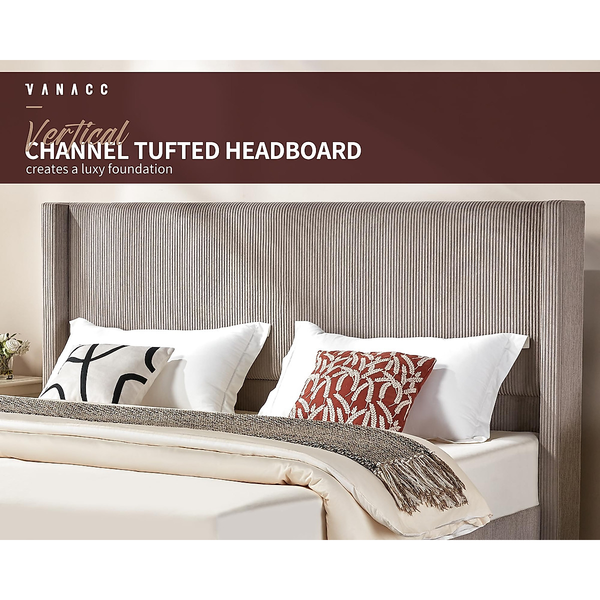 VanAcc Queen Size Platform Bed Frame, 50.8" Corduroy Upholstered Bed with Vertical Channel Tufted Headboard/Wooden Slats/Wingback/No Box Spring Required/Taupe