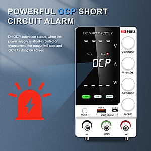 NICE-POWER DC Power Supply Variable 30V 10A, Adjustable Regulated DC Bench Power Supply with Encoder, Output Switch and OCP/OVP, Benchtop Lab Power Supplies with USB-A and Type-C Quick Charge (White)