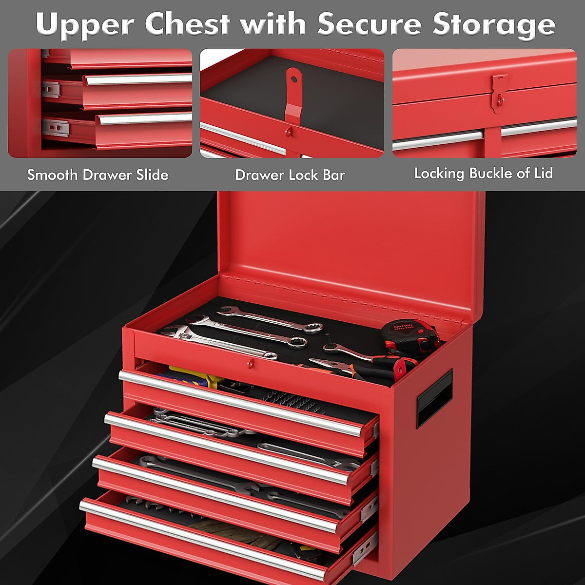 Goplus Rolling Tool Chest, 5-Drawer Tool Box Organizer w/Lockable Wheels & Sliding Drawers & Detachable Top & Adjustable Shelf, Tool Storage Cabinet for Garage Workshop (Red)