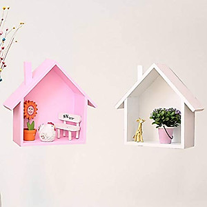 BESPORTBLE 2Pcs House Shaped Wall Storage Shelf Rustic Display Rack Kid Room Decoration for for Nursery Bedrooms Living Room (White Pink)