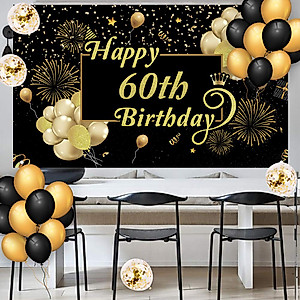 60th Birthday Decorations for Men Women, 60th Birthday Decorations, Happy 60th Birthday Banner, Black and Gold 60th Bday Backdrop
