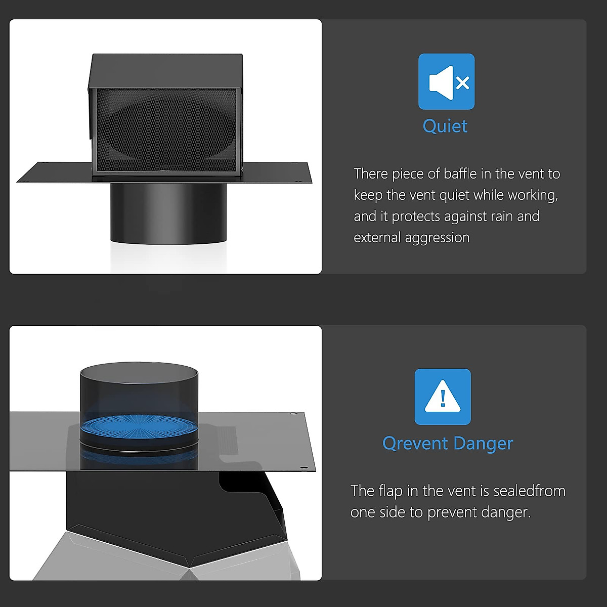 Hon&Guan 6 Inch Removable Roof Vents Roof Dryer Vent Cap for Houses Galvanized Steel 6 Inch Exhaust Vent for Ventilation System-with Damper, Black.