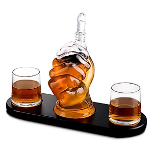 Thumbs Up Whiskey Decanter Set - with Two 10 oz Whisky Glasses - on Rich Wood Mahogany Base Tray - Business Gift Set - Whiskey/Wine Dispenser for Liquor, Scotch, Bourbon, Vodka - 32oz - Bezrat