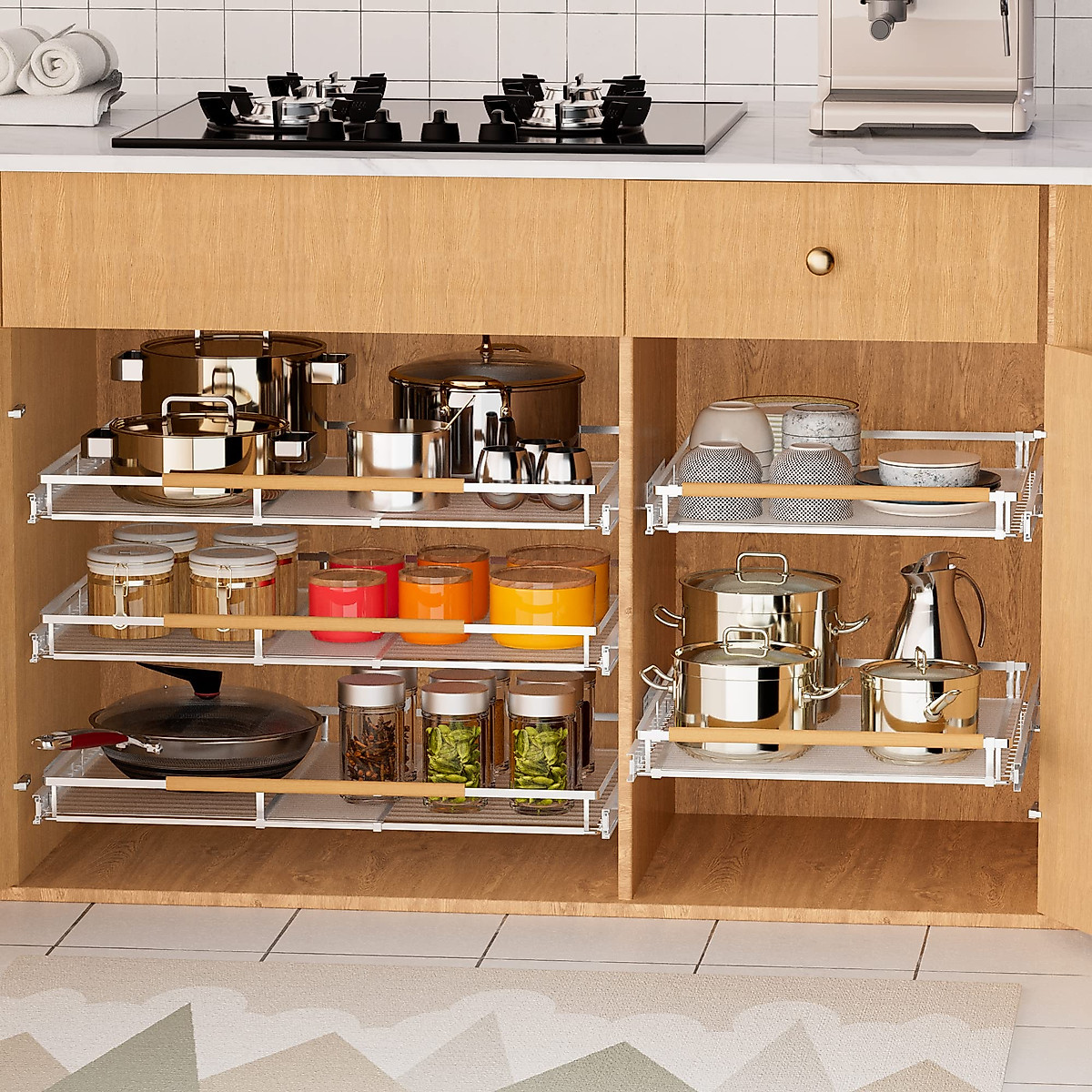 WEJIPP Pull Out Cabinet Drawer Organizer Expendable Slide Out Pantry Storage Shelves Heavy Duty Stainless Steel Shelf for Kitchen Bathroom Cabinet Pantry Closet Under Sink Divider Organization