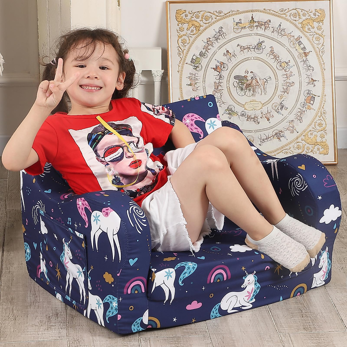 MOMCAYWEX Rainbow Unicorn Kids Sofa, 2-in-1 Kids Couch Fold Out, Convertible Sofa to Bed for Girls and Boys
