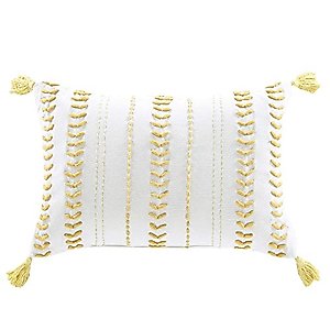 Brielle Home Milo Textured Cotton Boudoir/Lumbar Throw Pillow with Tassels, 14 inches by 20 inches, Mustard/White