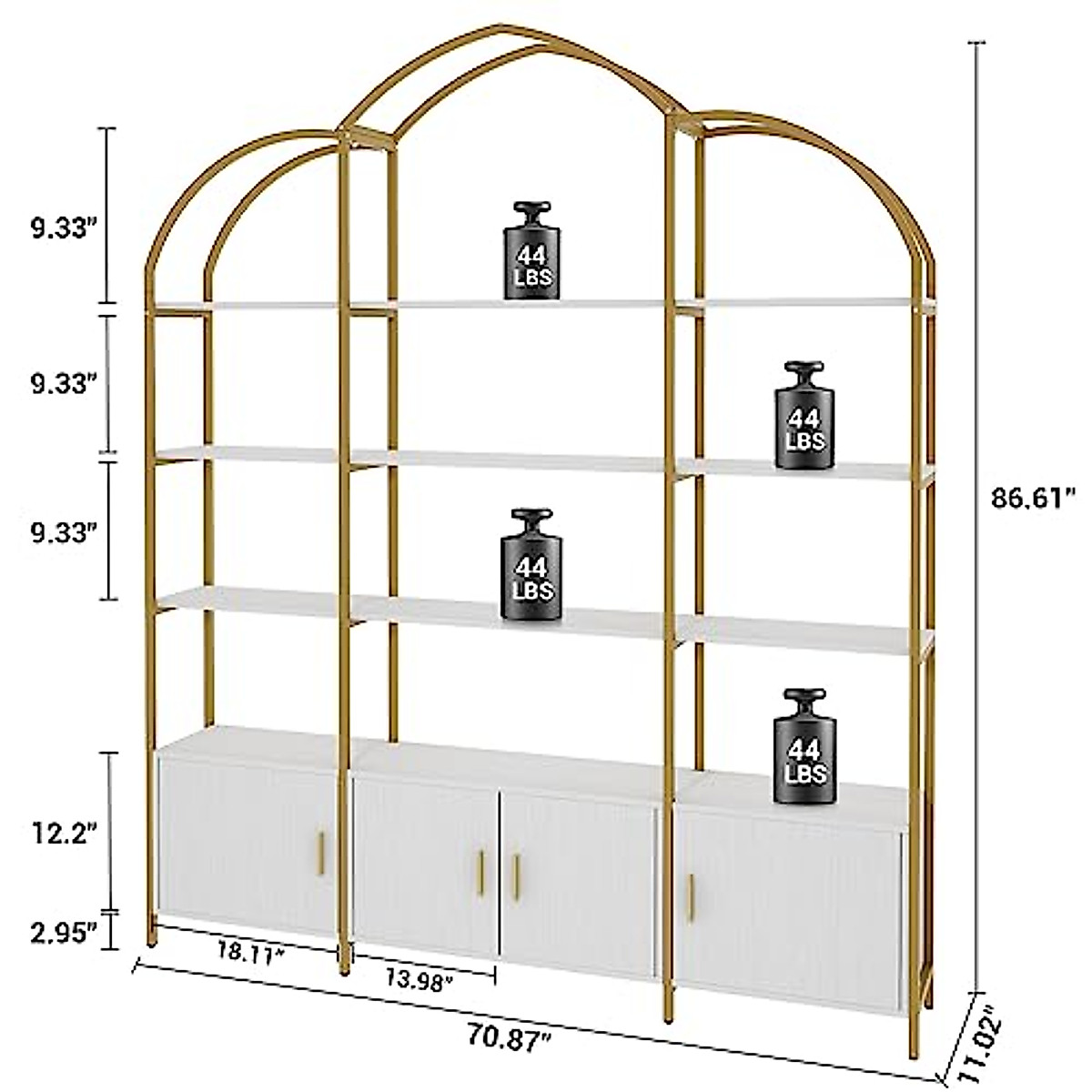 Semoic Triple Wide 5-Tier Gold Bookshelf, 70.87" L x 86.61" H Extra Bookcase with Storage Cabinet, Modern Etagere Bookcase Tall Open Display Shelf for Home Office, Gold&White