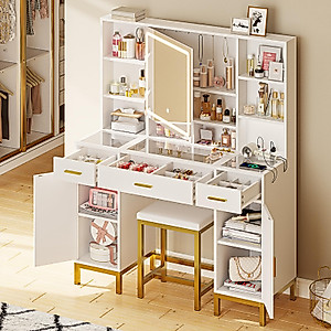 Vanity Desk with Openable Mirror and Lights, Glass Tabletop Makeup Vanity Set with Charging Station, White Vanity Table with 3 Drawers & 2 Cabinets, DIY Drawer Dividers, Hidden Hooks