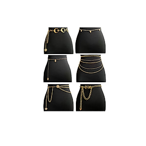 Tornito 6Pcs Multilayer Metal Hoop Link Waist Chain Belt Waistbands Butterfly Tassel Belly Bikini Body Thigh Hip Jewelry Side Pant Chain Belt for Women