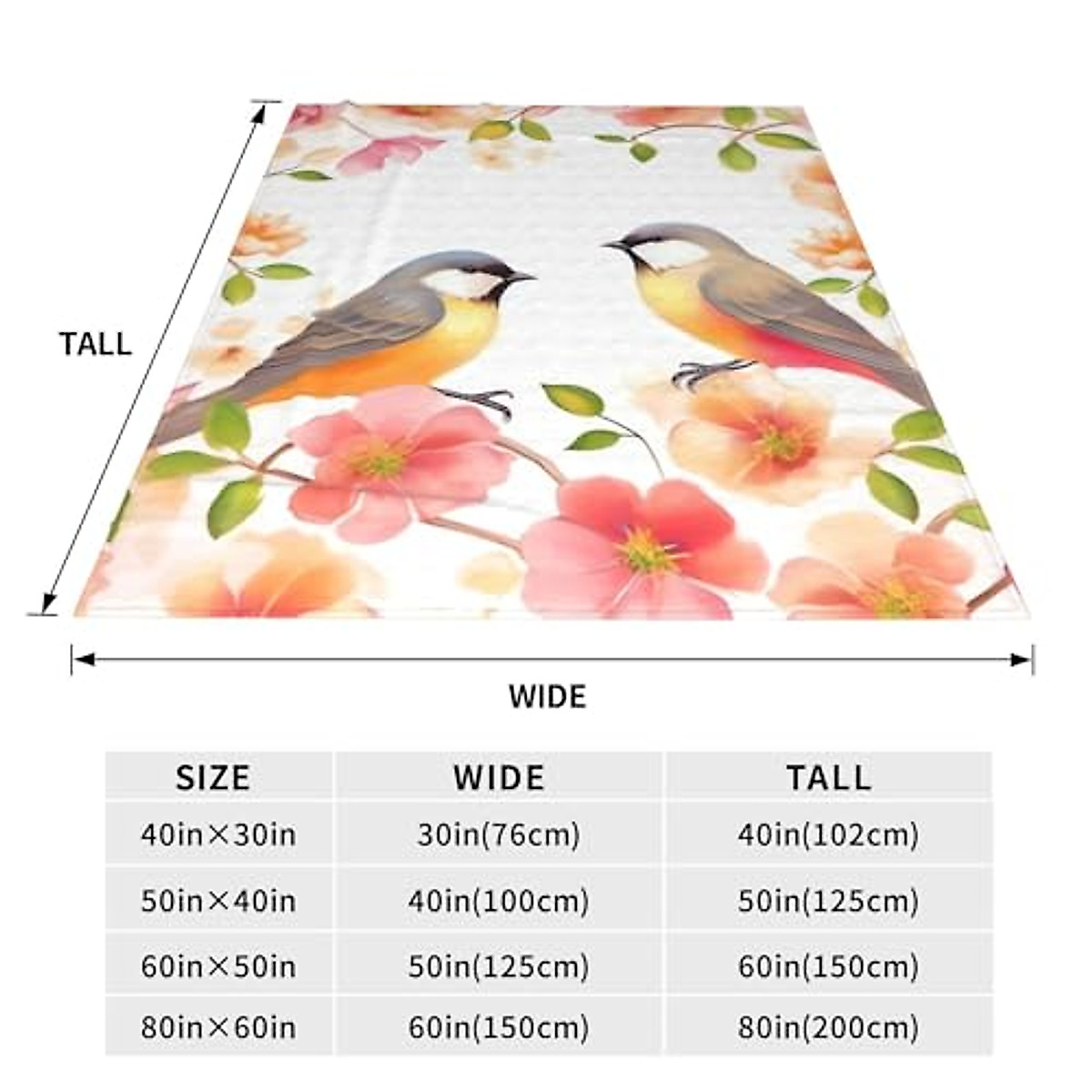 Flower and Bird Print Micro Fleece Blanket Throw Blanket Ultra-Soft Fuzzy Blankets Light Weight Cozy Blanket Warm Plush Blanket for Home Bedroom Sofa Office 40"x30"