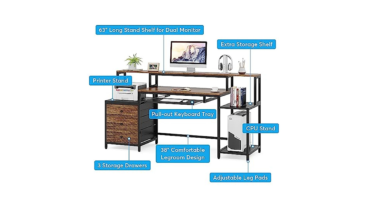 Tribesigns 63-Inch Industrial Computer Desk with 3 Drawers