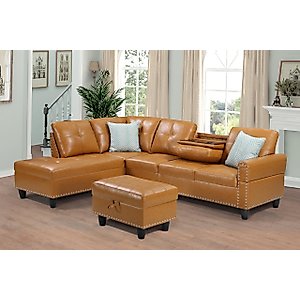 MMTGO L-Shape Faux Leather Modular Sectional Sofa with Storage Ottoman and Cup Holders, 4-Seater Tufting Upholstered Corner Couch for Living Room, Home Furniture, Apartment, Ginger