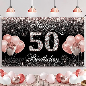 HTDZZI 50th Birthday Banner Backdrop, Happy 50th Birthday Decorations for Women Rose Gold, Fabulous 50 Year Old Birthday Party Yard Sign Photo Booth Props Background Decor Supplies, Fabric