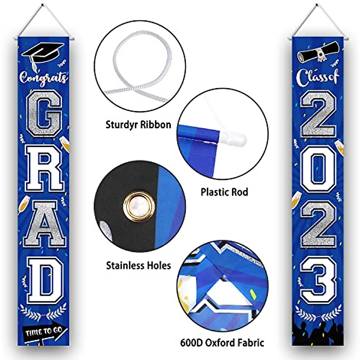 2023 Graduation Porch Sign Banner, Navy Blue and Silver Graduations Porch Sign Door Banner Class of 2023 Congrats Grad Hanging Banner Flag for High School and College Graduation Party Decorations