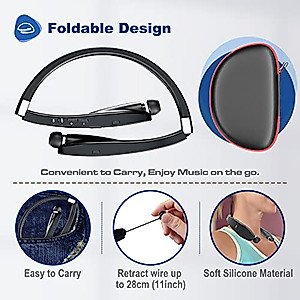 Bluetooth Neckband Headphones, Dpvisn Foldable Wireless Lightweight Neck Headset with Retractable Earbuds, Noise Cancelling Sweatproof Stereo Earphones with Mic & Carrying Case (Black)