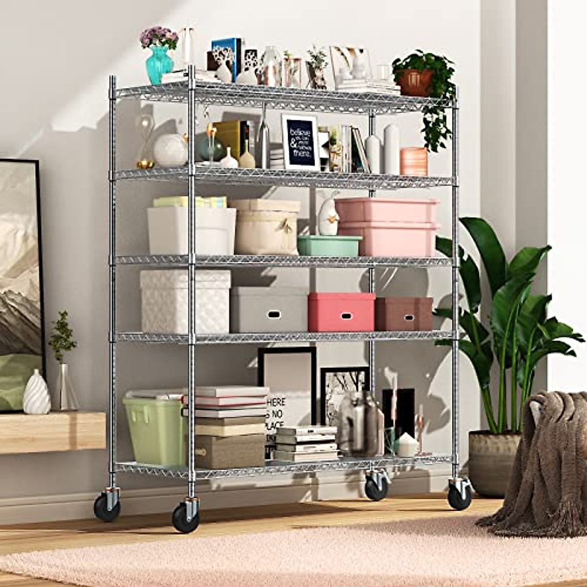 Raynesys Wire Shelving with Wheels, 3000Lbs Heavy Duty NSF-Certified Metal Storage Shelf, Commercial-Grade Adjustable Utility Rack with Shelf Liners Set of 5, 5-Tier 60x24x72 in, Chrome