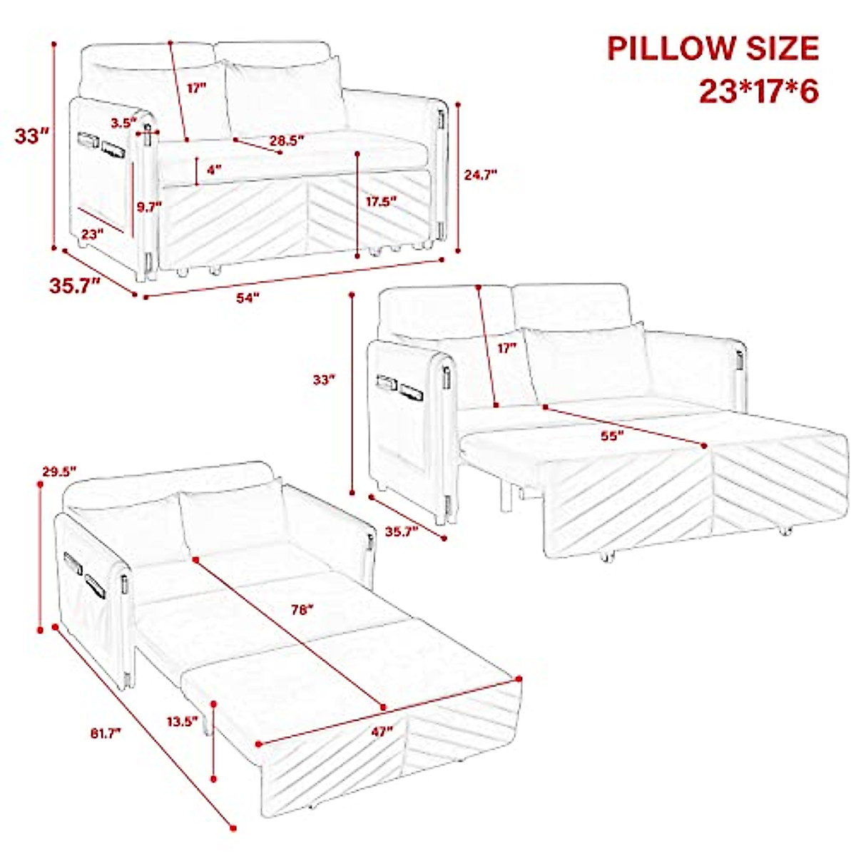 JEEOHEY Pull Out Couch Bed w/Headboard, 54" Modern Velvet Convertible Sleeper Sofa Bed, Small Love seat Sofa Bed with 2 Pillows & Detachable Side Pockets for Small Space, Living Room, Apartment, Grey