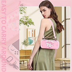 FUNDIARY Cute Bunny Carrying Case for Nintendo Switch and Switch OLED, Pink Portable Travel Case Built-in 10 Game Card Slots for Switch Console Joycon & Accessories with Shoulder Strap and 2 Thumb Cap