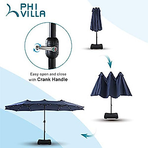 PHI VILLA 15ft Large Patio Umbrella with Solar Lights, Double-Sided Outdoor Market Rectangle Umbrellas with 36 LED Lights, Umbrella Base (Stand) Included, Navy Blue