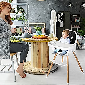 Kinder King 3 in 1 Convertible Baby High Chair, Wooden Highchair w/Double Removable Tray, Infant Feeding Chair-Toddler Chair, Adjustable Legs, Detachable Footrest & PU Cushion, 5-Point Harness, Black