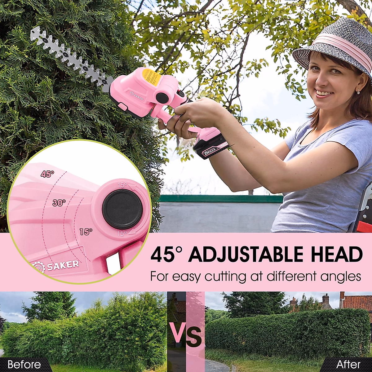 Saker Cordless Hedge Trimmer-20V Electric Shrub Trimmer Grass Shears Handheld Grass Cutter, Hedge Shear with 2 PCS Rechargeable Battery and Charger for Garden, Lawn(Pink)