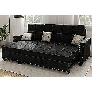 Ucloveria Reversible Sectional Sofa Couch, Sleeper Sofa Bed with Storage Chaise Pull Out Couch Bed for Living Room L-Shape Lounge 2 in 1 Sectional Couch with Pull Out Bed Black