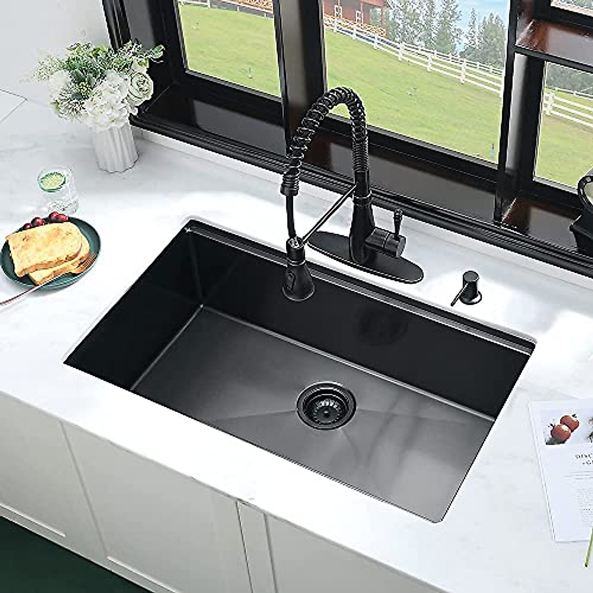 28 Black Undermount Kitchen Sink - iAnomla 28 Inch Black Stainless Steel Undermount Workstation Sink 16 Gauge Deep Single Bowl Matte Black Kitchen Sink with Cutting Board