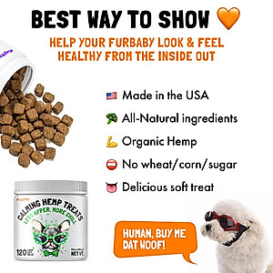 Calming Hemp Treats for Dogs Made in USA with Organic Hemp Natural Separation Aid Helps with Barking, Chewing, Thunder, Fireworks, Aggressive Behavior Soothing Stress Relief Natural Relaxation