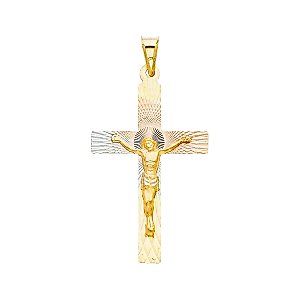 14K Tri Color Gold Diamond Cut Crucifix Jesus Cross Stamp Religious Pendant - Crucifix Charm Polish Finish - Handmade Spiritual Symbol - Gold Stamped Fine Jewelry - Great Gift for Men & Women for Occasions, 40 x 23 mm, 2.2 gms