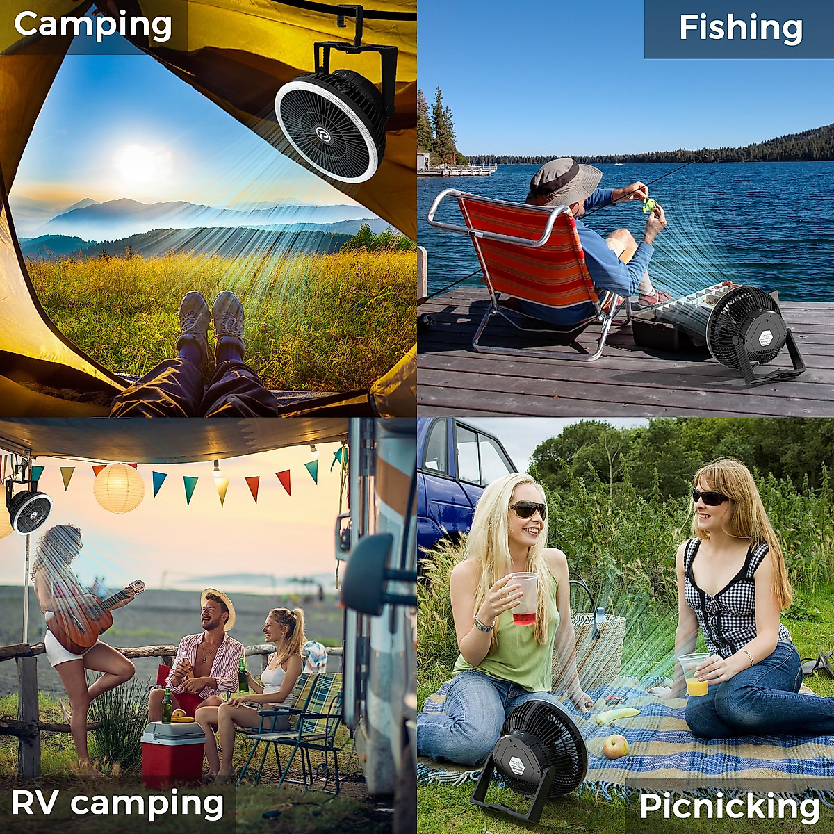 Camping Fan with Light, 10000mAh Rechargeable Battery Powered, Portable Fan for Tent Travel Outdoor RV Hurricane Emergency