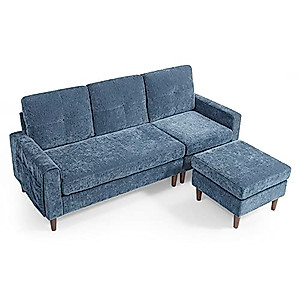 SZUBEE Modern 80” Convertible Sectional Couch, 3 Seats L-Shape Sofa with Removable Cushions and Pocket, Rubber Wood Legs, Navy