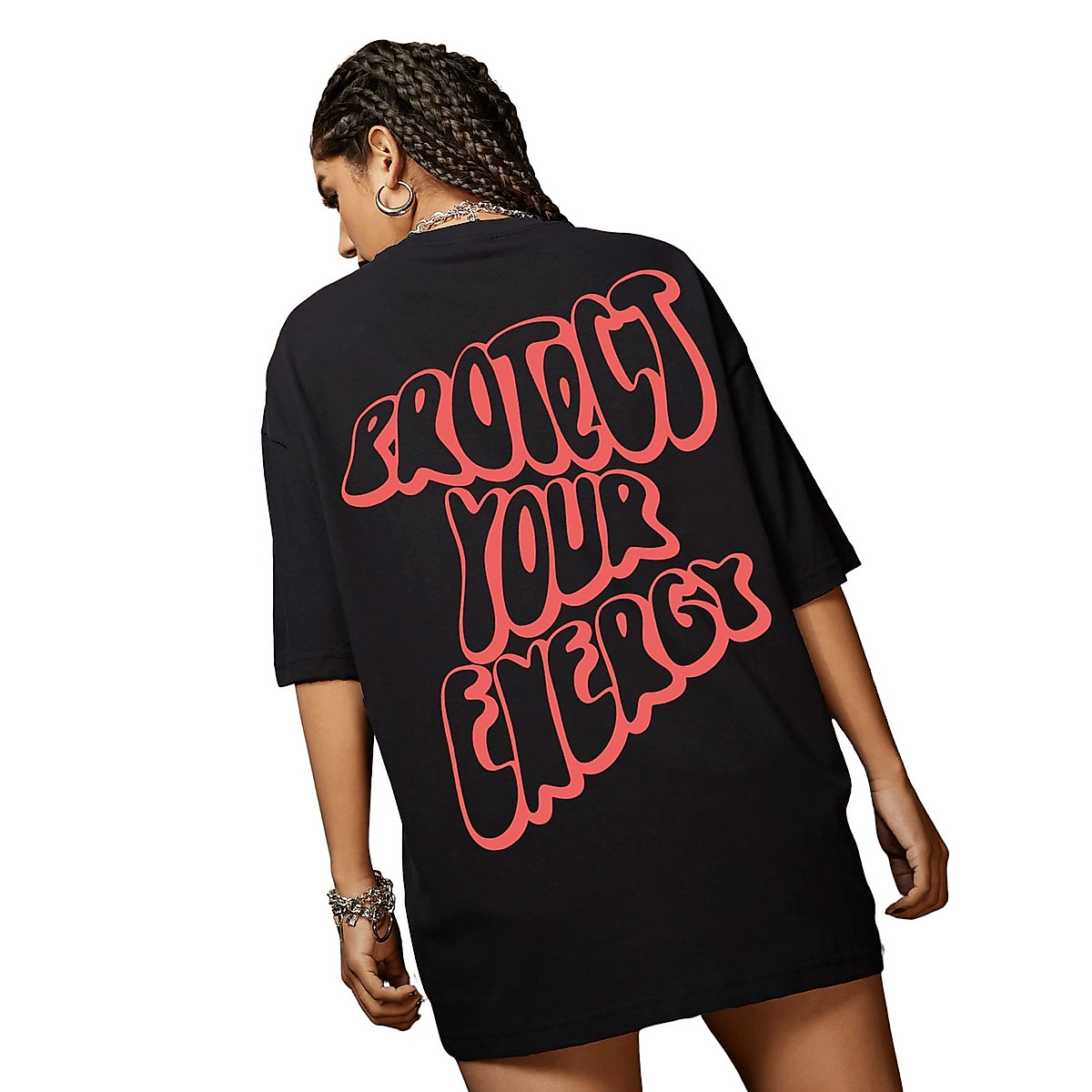 SweatyRocks Women's Short Sleeve Oversized Graphic Tees Round Neck Loose T-Shirt A Black M