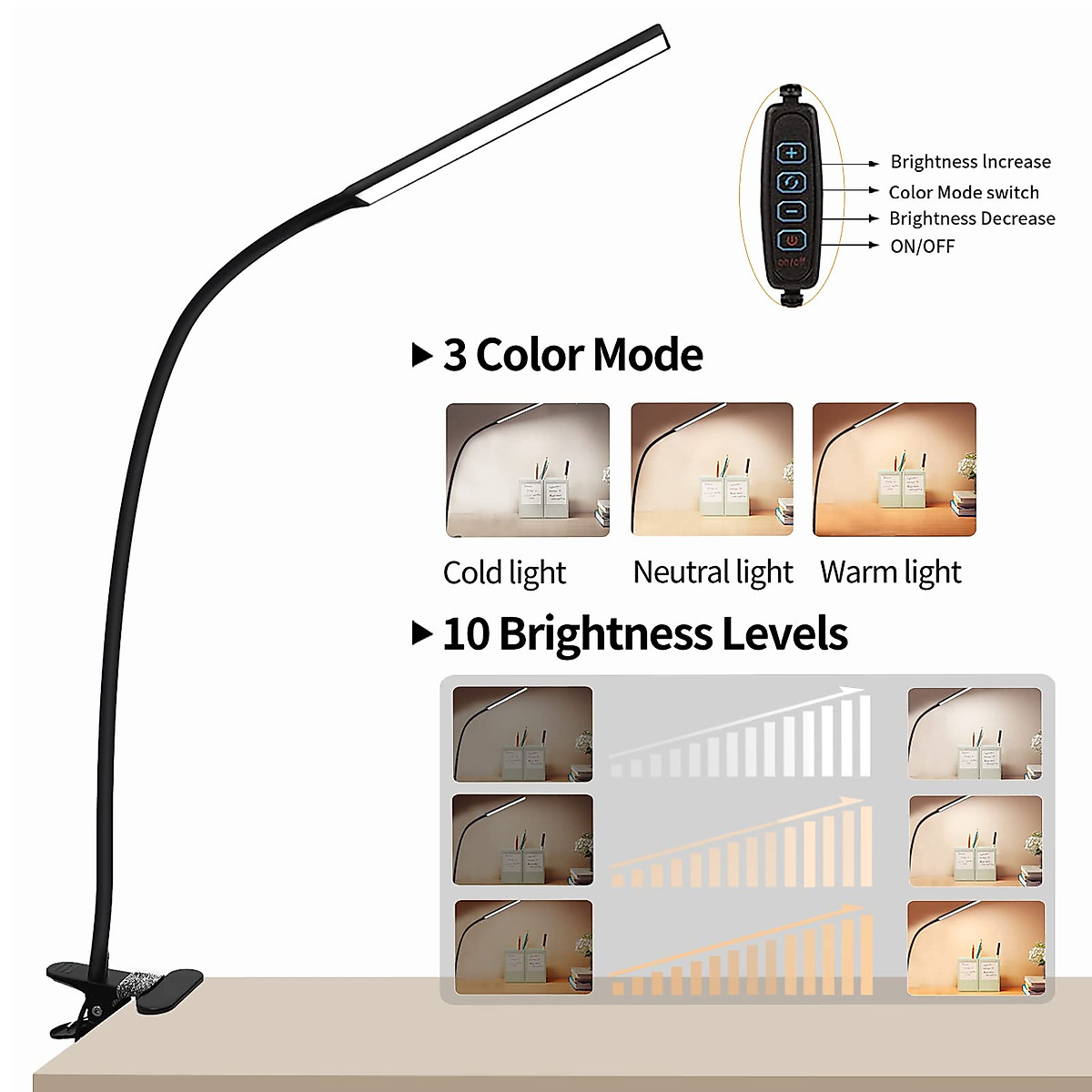 ECHEAIO Clip on Light LED Desk Lamp with Clamp Eye-Caring Dimmable Reading Light for Headboard,3 Modes 10 Brightness, Flexible Gooseneck Book Light Memory Function Desk Lamps for Home Office