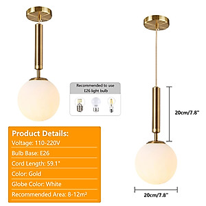 KCO Lighting Modern Globe Pendant Light Fixture White and Gold Pendant Light 1-Light Kitchen Island Single Pendant Lighting Round Glass Hanging Light Nordic Minimalist Ball Pendant Light (Gold)