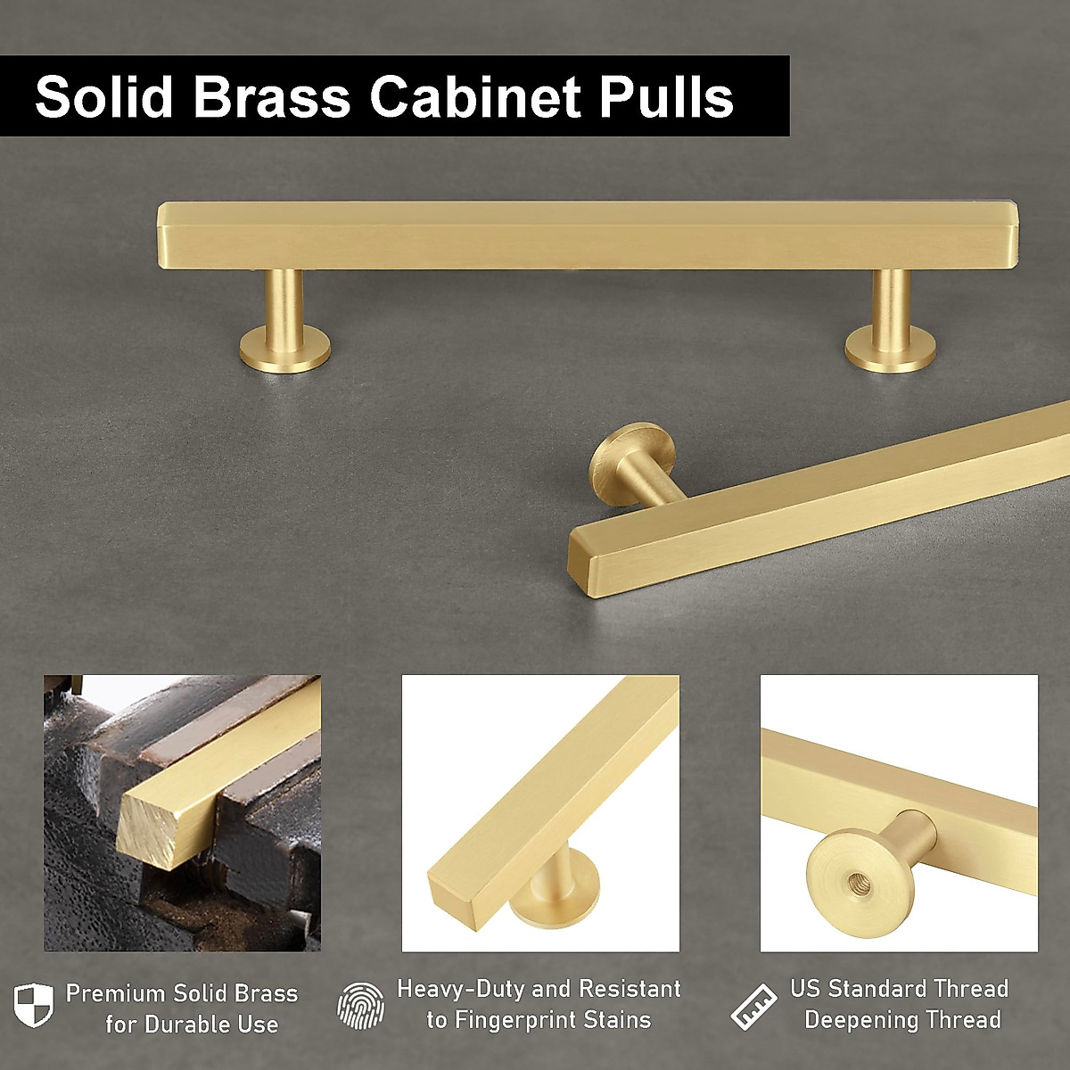 QOGRISUN 2-Pack Solid Brass Cabinet Handles, Gold Square T Bar Cabinet Pulls, 5 Inch Hole Center for Kitchen Dresser Drawer Cupboard, Brushed Brass Finish