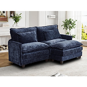 IPKIG 77.5" Sectional Sofa Comfy Cloud Couch - Chenille Fabric L Shaped Couch with Ottoman, Side Pocket and Pillows, 2 Seater Sectional Couches for Living Room Apartment Studio, Blue