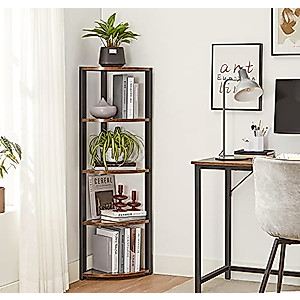 VASAGLE 5 Tier Corner Shelf Stand, Corner Bookshelf, Tall Corner Storage Shelves, Industrial Rack Plant Stand for Living Room, Bedroom, Home Office, Rustic Brown and Black ULLS801B01
