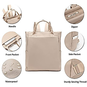 LORADI Convertible Laptop Tote Bag, Faux Leather Backpack Fit for 14 inches Laptop, Beige