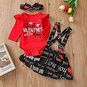 My First Valentine's Day Baby Girl Outfits Ruffle Long sleeve Romper Tops+Suspender Skirt+Headband Clothes Sets (Red, 0-3 months)